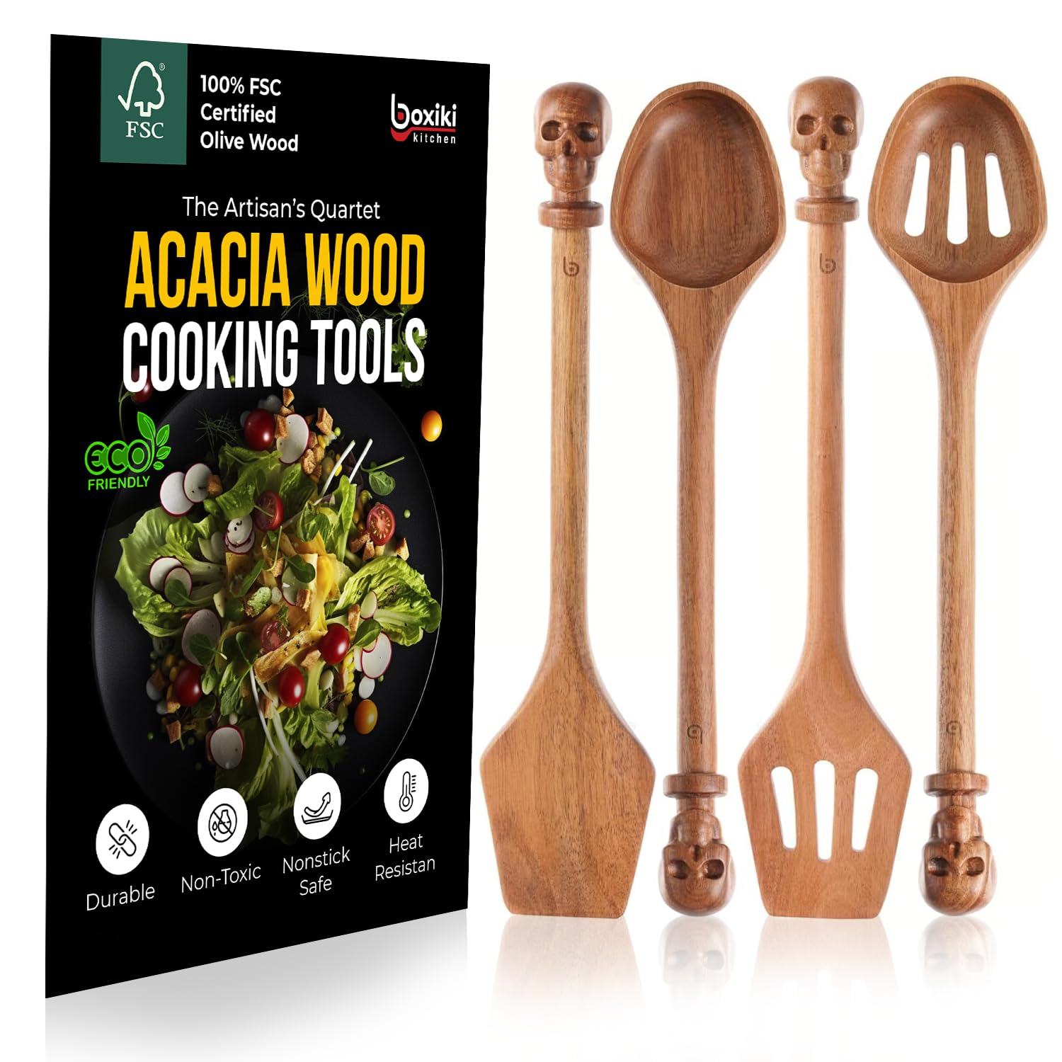 Acacia Wood Cooking Utensil Set with Skull Handles – 4-Piece FSC Certi ...